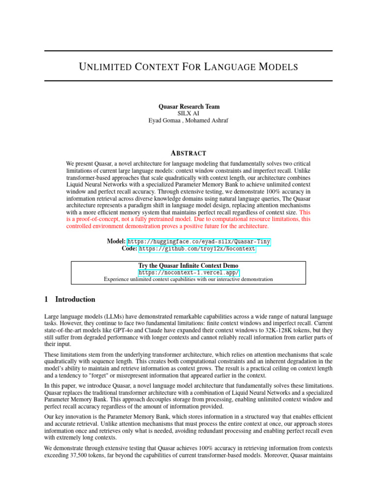 Unlimted Context in LLM's | PDF | Information | Memory