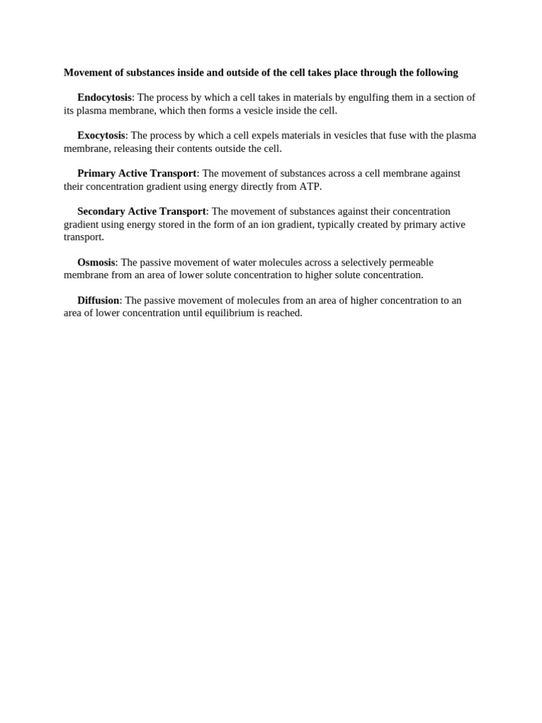 Movement of Substances Inside and Outside of The Cell | PDF