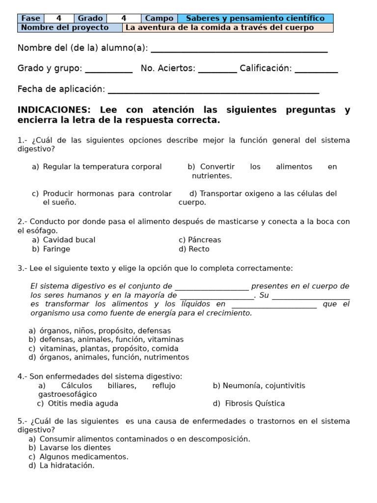 Examen Aventura de La Comida A Traves Del Cuerpo | PDF | Sistema ...