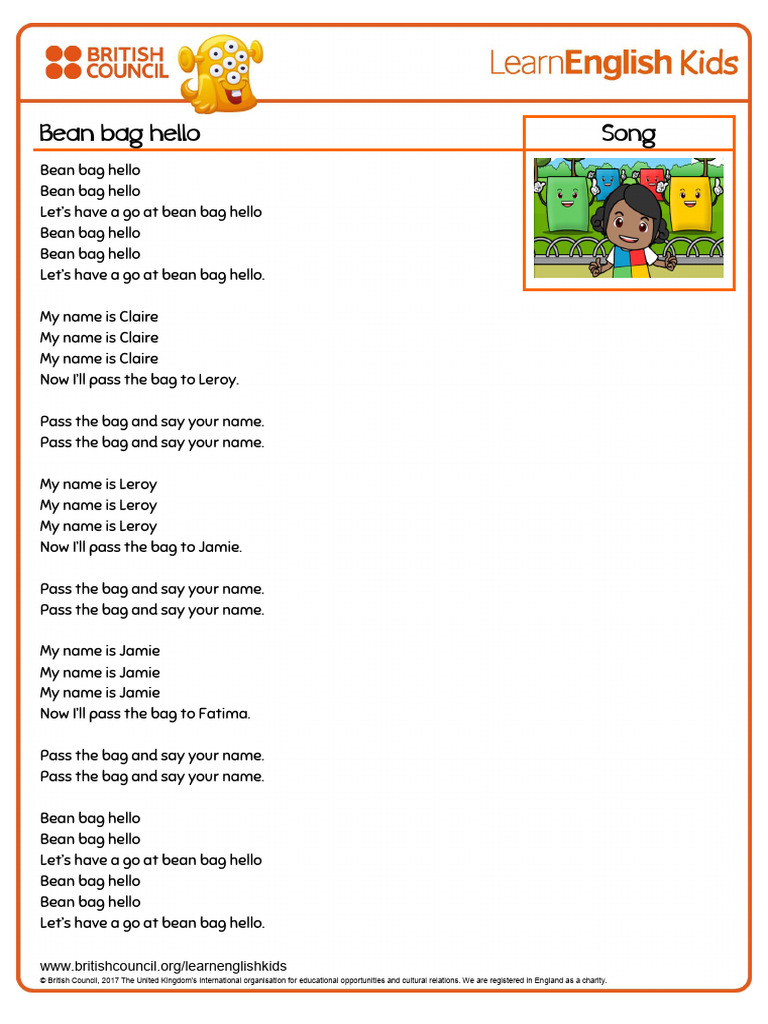 Bean Bag Hello Song for Kids | PDF