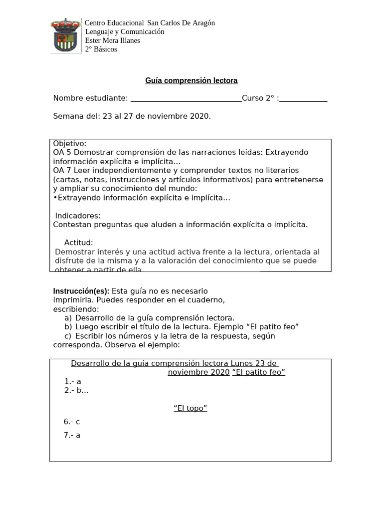 Guía de Comprensión Lectora: Topo Feo | PDF | El patito feo