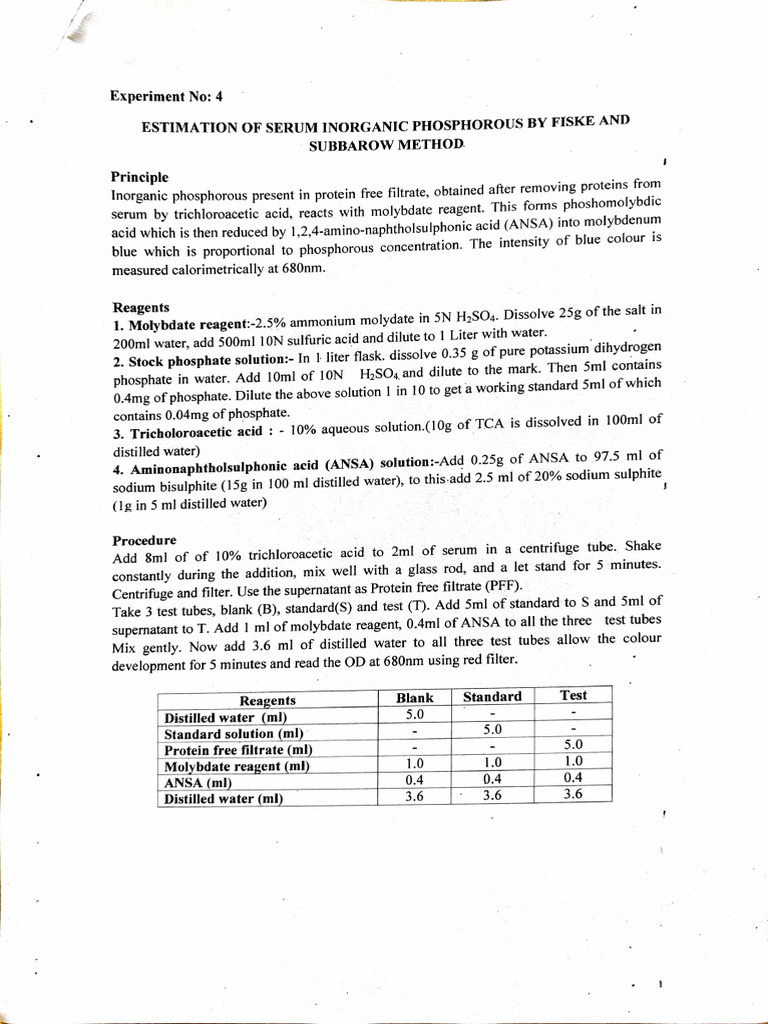 Serum Inorganic Phosphorus Estimation | PDF | Acid | Phosphorus