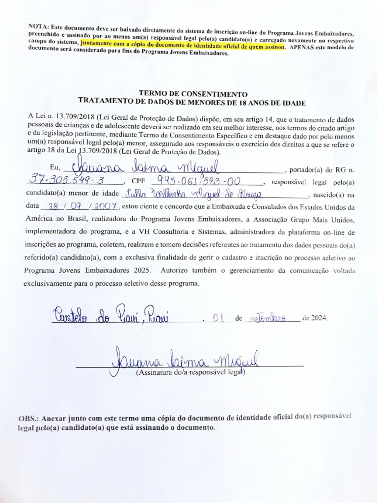 Termo de Consentimento e Documentação Do Responsável | PDF