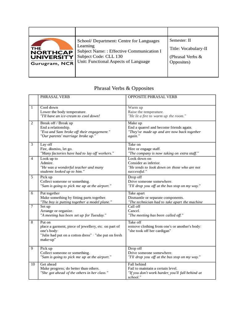 Vocab-II( Phrasal Verbs & Opposites) | PDF