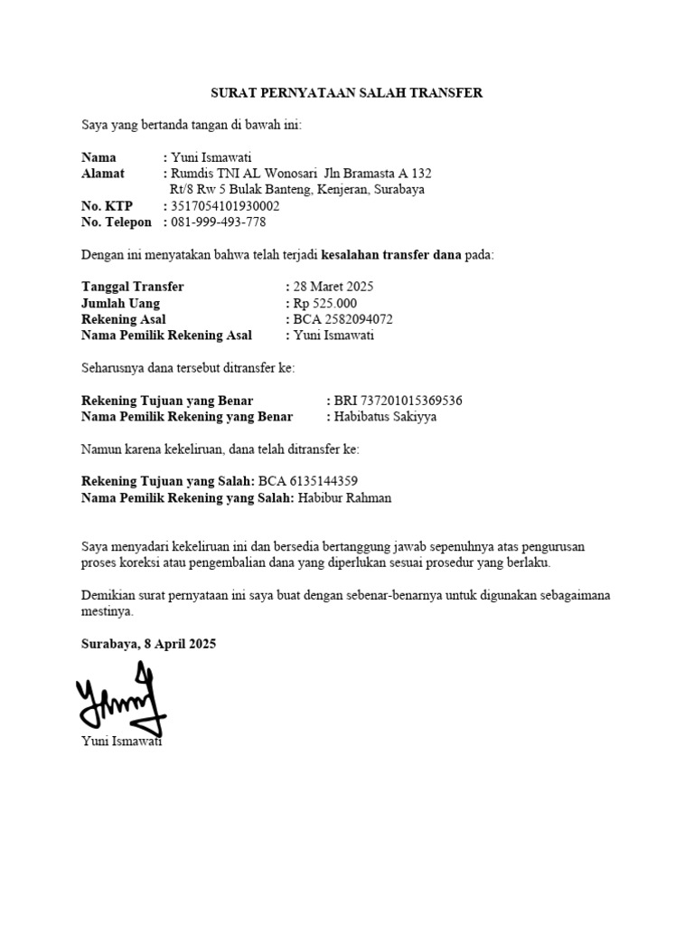 Surat Pernyataan Salah Transfer | PDF