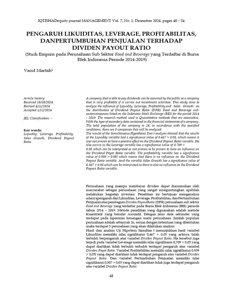 Pengaruh Likuiditas, Leverage, Profitabilitas, Dan Pertumbuhan Penjualan Tehadap Dividen Payout ...
