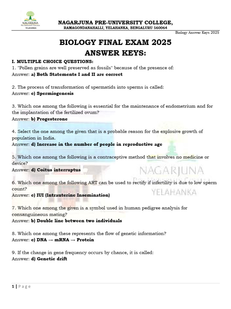 Biology Answer Keys 2025 | PDF | Dominance (Genetics) | Genetic Code
