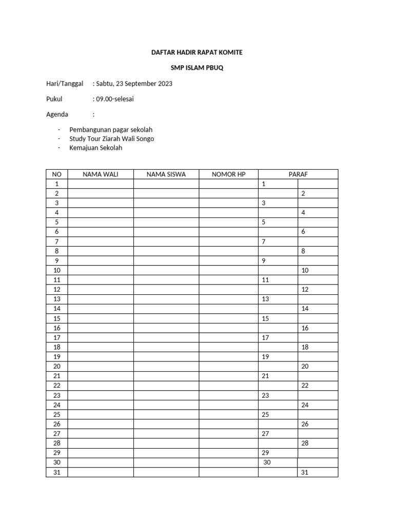 Daftar Hadir Rapat Komite 2023 | PDF