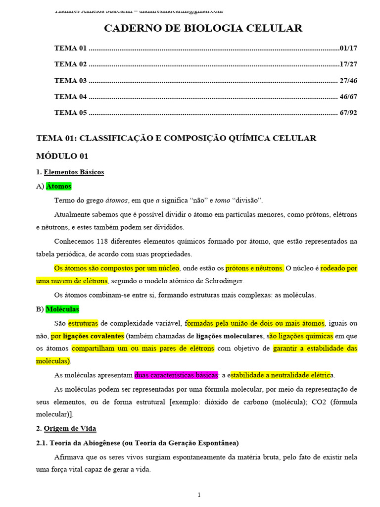 Caderno de Biologia Celular | PDF | Célula (Biologia) | Membrana celular