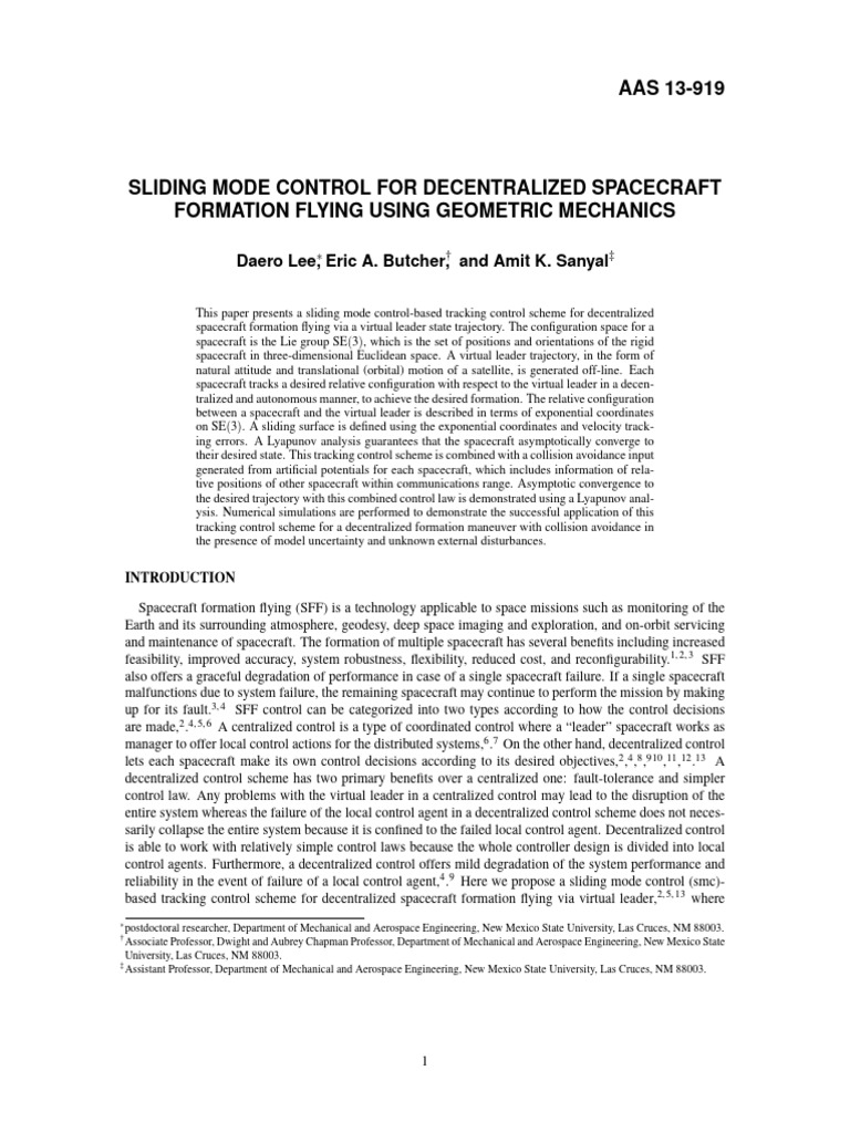 Sliding Mode Control For Decentralized Spacecraft Formation Flying Using Geometric Mechanics ...