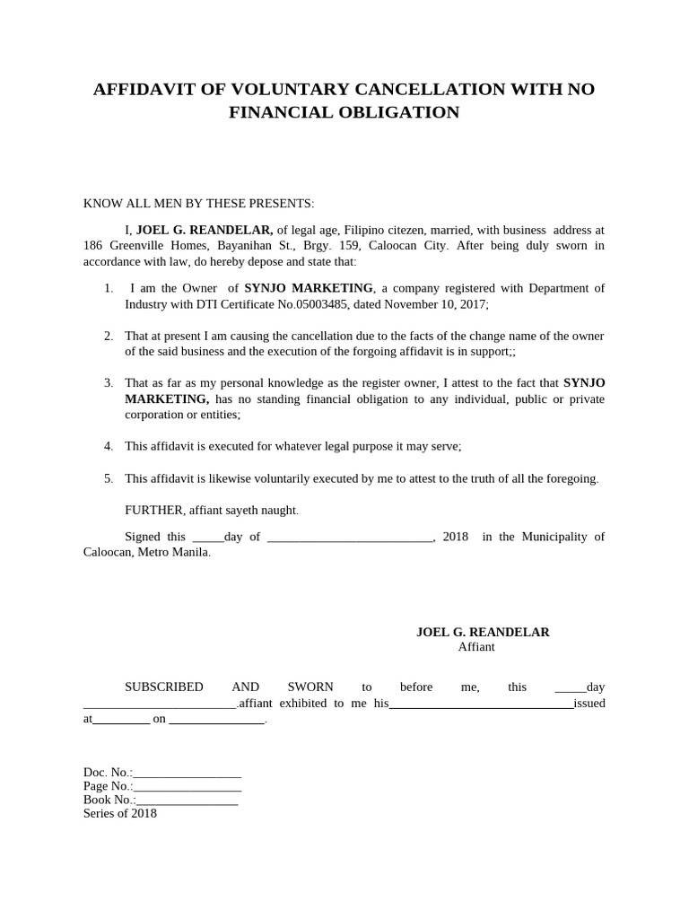 Affidavit of Business Cancellation | PDF