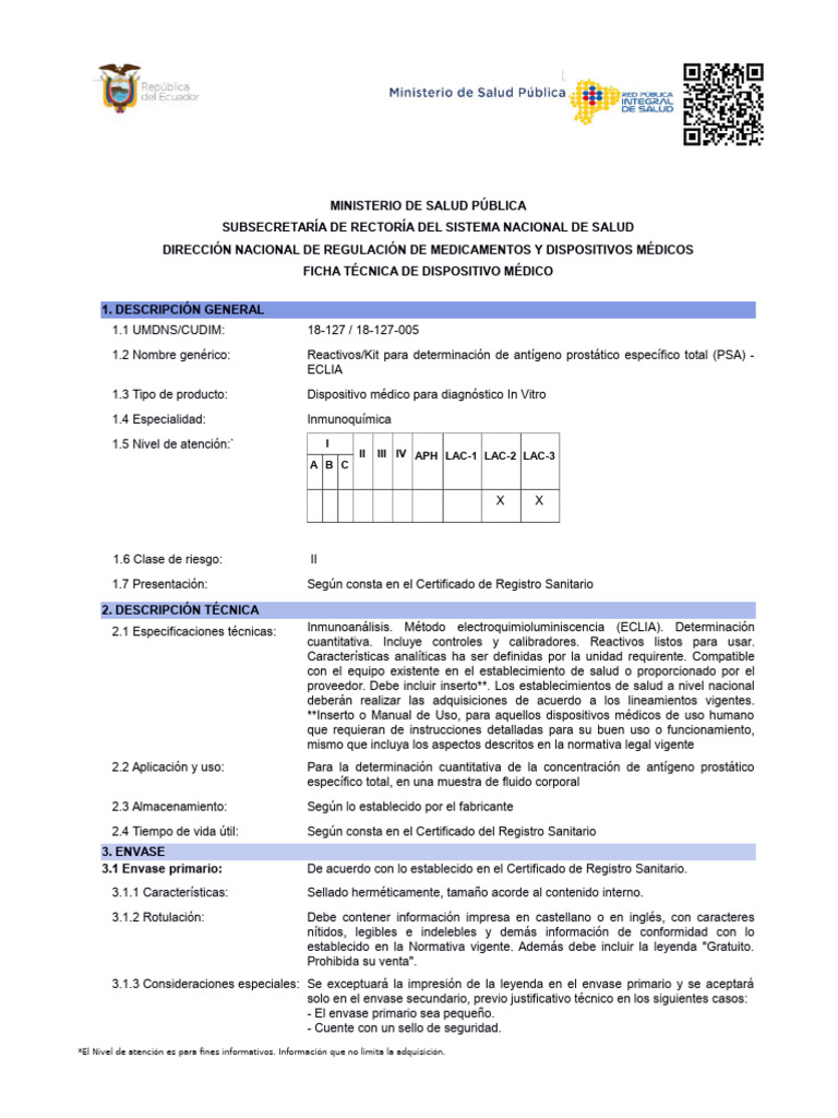 Ficha Técnica de Kit PSA ECLIA | PDF | Dispositivo médico | Medicina