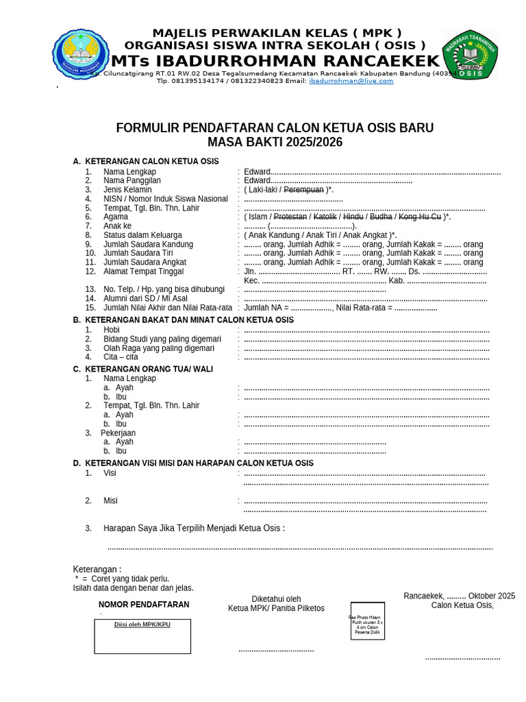 Formulir Pendaftaran Calon Ketua Osis Baru 2024 | PDF