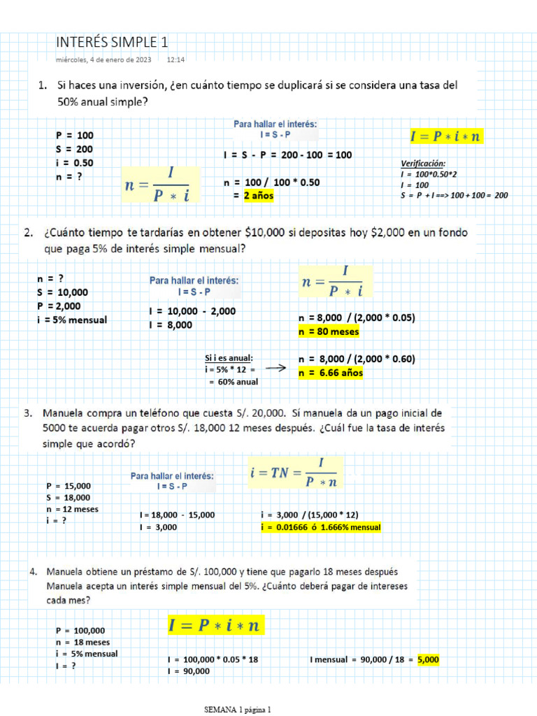 Interés Simple - Ejercicios Asincrona | PDF