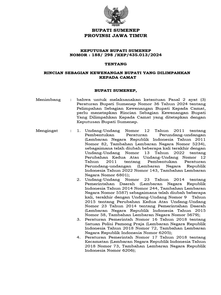 Keputusan Bupati Tentang Rincian Pelimpahan Sebagian Kewenangan Bupati Kepada Camat | PDF