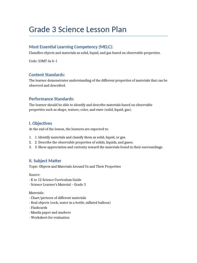 Grade 3 Science Lesson Plan Solids Liquids Gases | PDF | Gases | Liquids