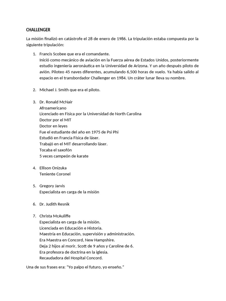 CHALLENGER | PDF | Transbordador espacial Challenger Desastres | Aviación