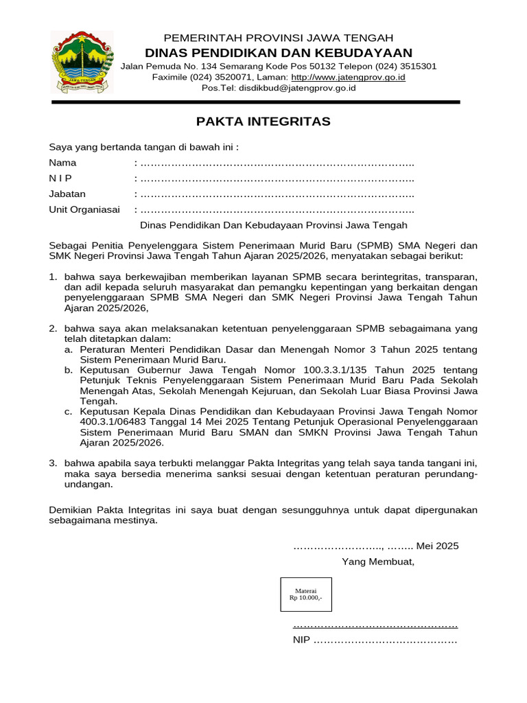 Pakta Integritas Panitia SPMB 2025 | PDF