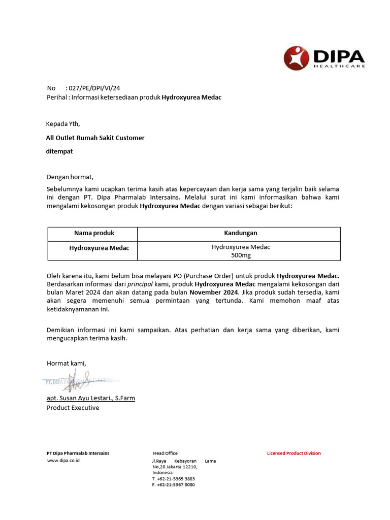 Ketersediaan Hydroxyurea Medac 2024 | PDF