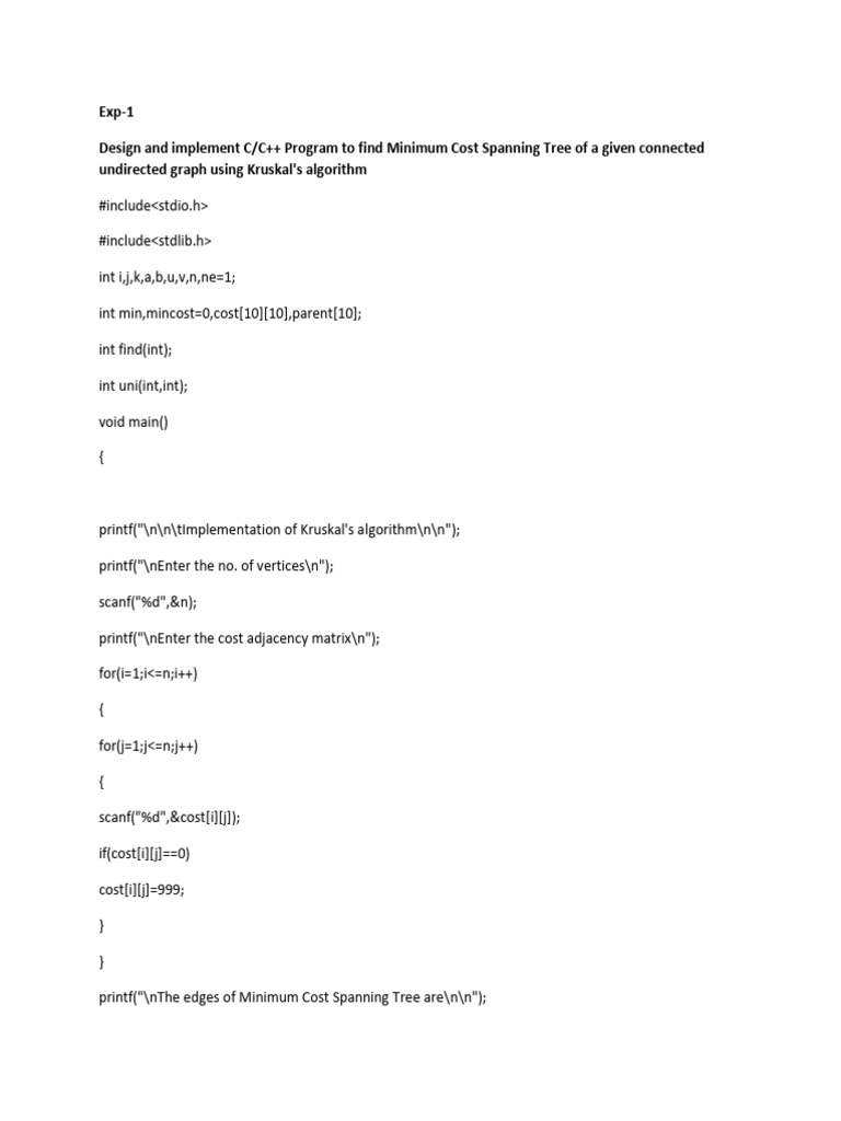 Exp 1 Kruskals Algorithm | PDF