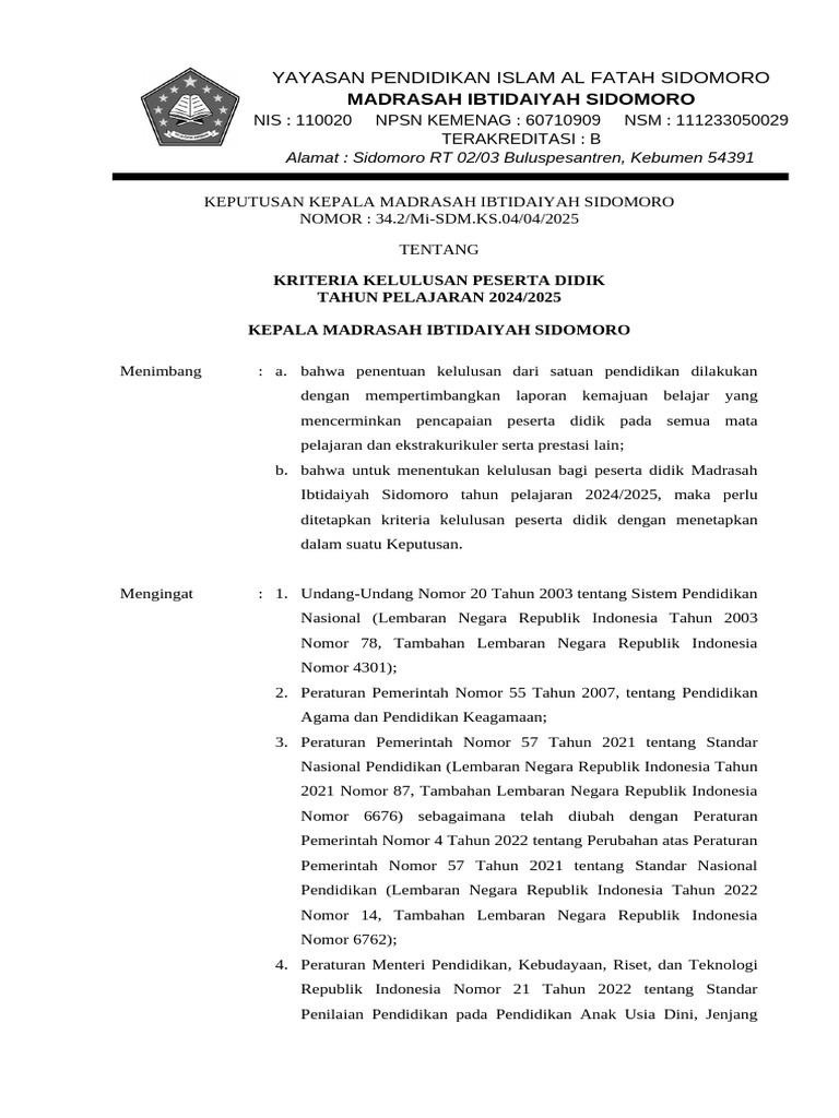 SK Kriteria Kelulusan 2025 | PDF