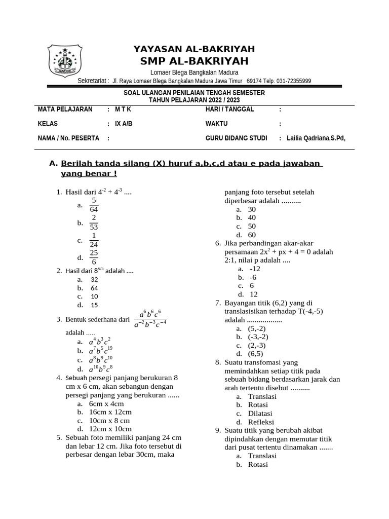 MTK KLS Ix A-B (Perpangkatan Dan Bentuk Akar, Persamaan Kuadrat ...