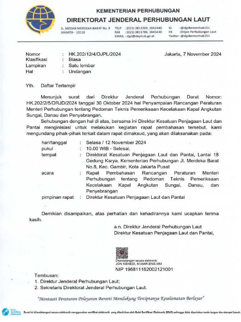 Surat Undangan Rapat RPM Pedoman Teknis Pemeriksaan Kecelakaan Kapal ...