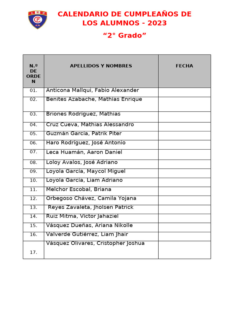 CALENDARIO DE CUMPLEAÑOS DE LOS ALUMNOS | PDF