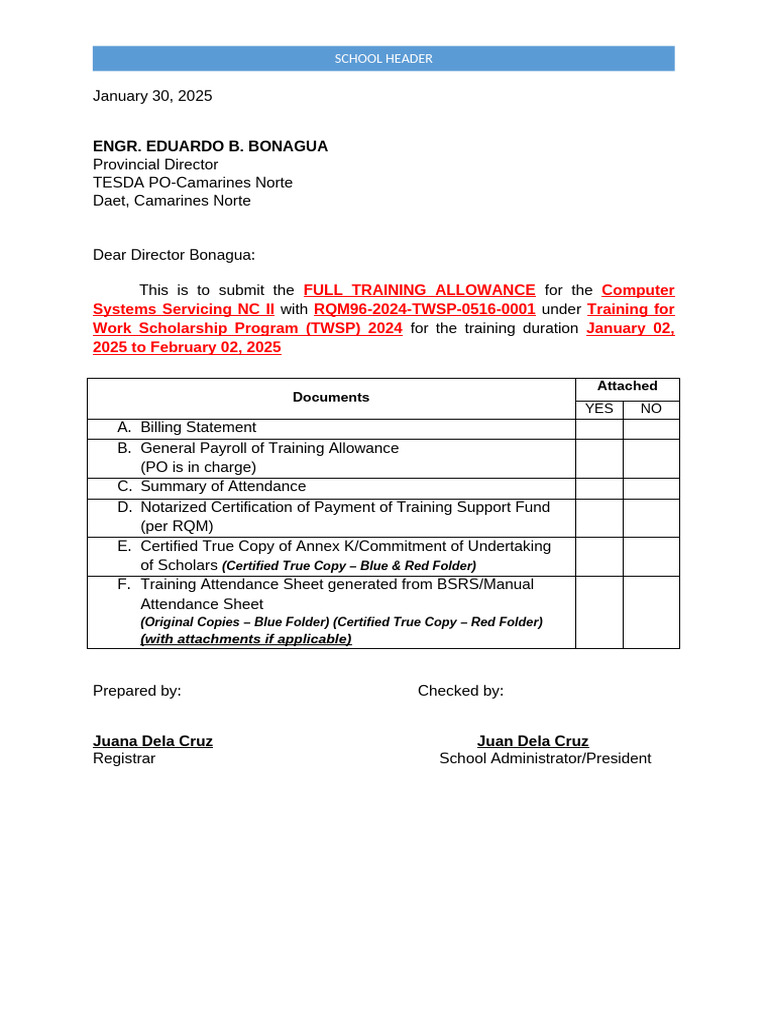 TWSP 2024 Training Allowance Submission | PDF