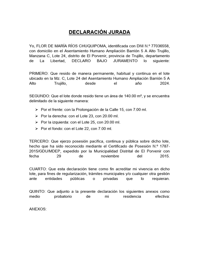 Declaración Jurada de Residencia en Trujillo | PDF
