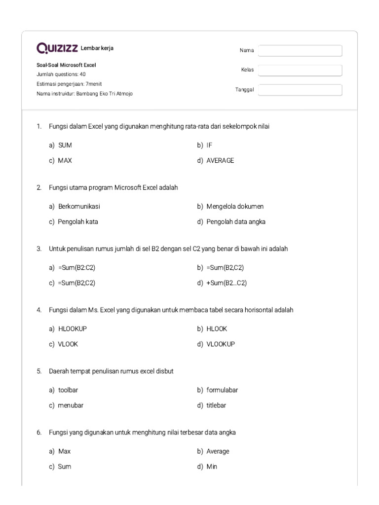 Soal-Soal Microsoft Excel - Quizizz | PDF
