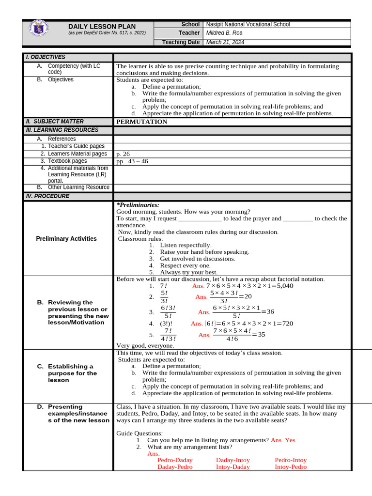 Daily Lesson Plan on Permutation | PDF | Permutation | Teachers