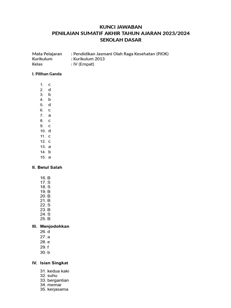 7-Kunci Jawaban Dan Pedoman Penskoran Psat Pjok Kelas 4-Kur 2013 | PDF
