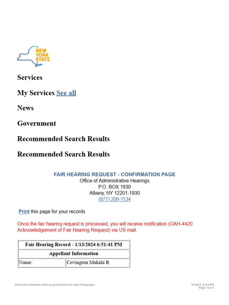 Fair Hearing Request Confirmation | PDF | Service Industries