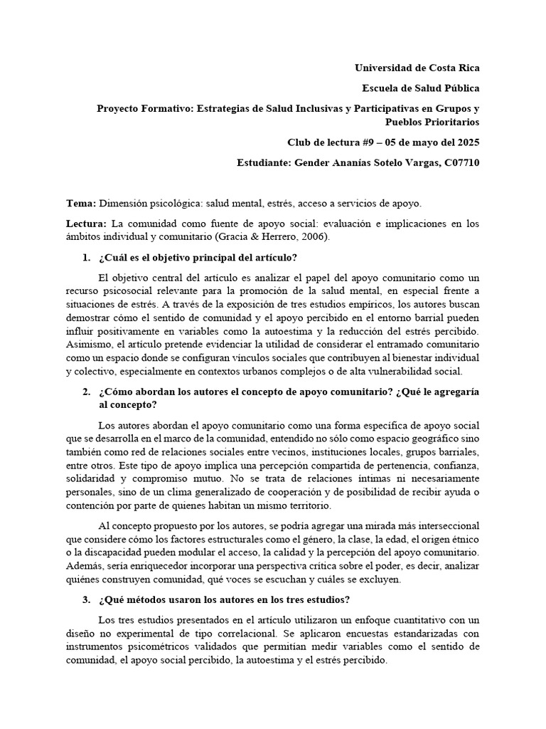 Club de Lectura #9 - Gender Sotelo Vargas | PDF | Apoyo social | Comunidad