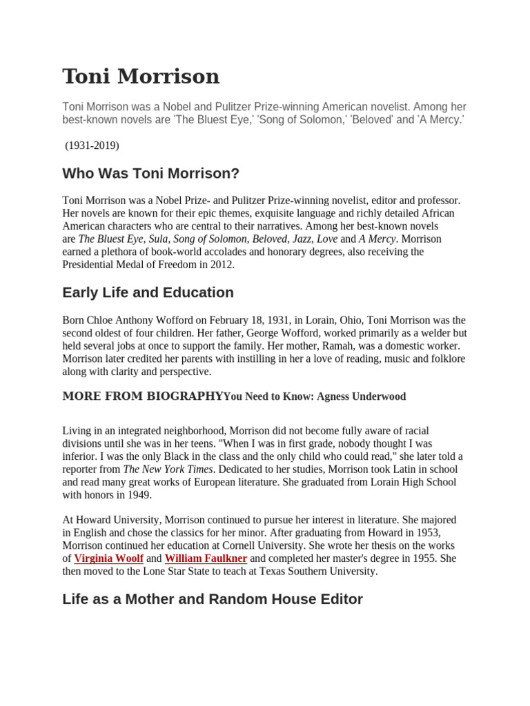 Biography of Toni Morrison | PDF