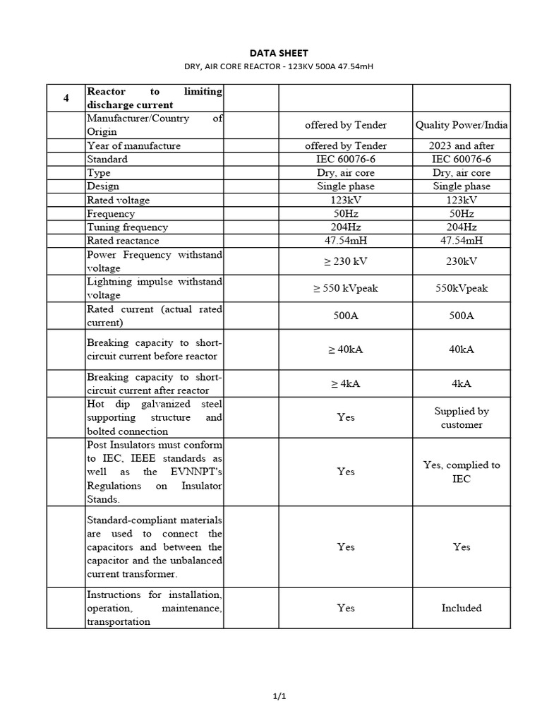 Dry Air Core Reactor Data Sheet 123kV | PDF | Inductor | Capacitor