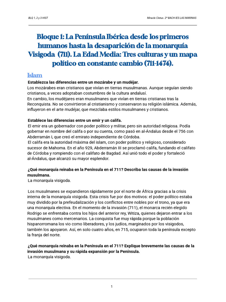 Preguntas Cortas Historia Pau 2025 (Bloques 1-3) | PDF | Al Andalus | Imperio español