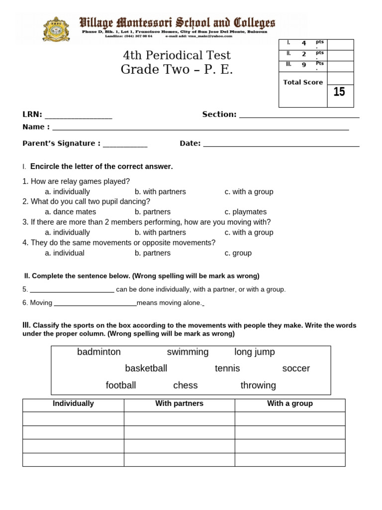 PE&Health - 4th Periodical Test gr2 | PDF