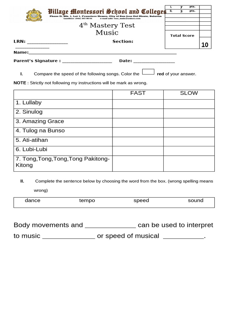 Music&Arts - 4th Mastery Test. Grade 2docx | PDF | Sculpture