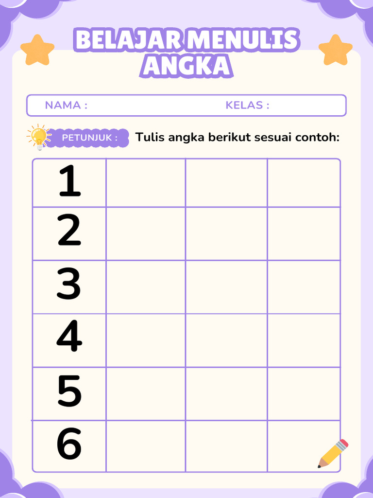 Lembar Kerja Anak Sekolah TK Belajar Menulis Angka Krem Ungu Ilustratif ...
