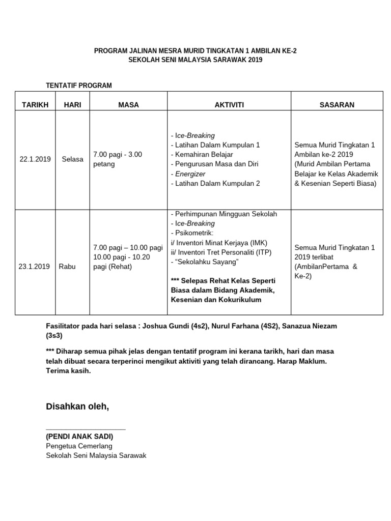 Program Jalinan Mesra Murid Tingkatan 1 Ambilan Ke 2 | PDF