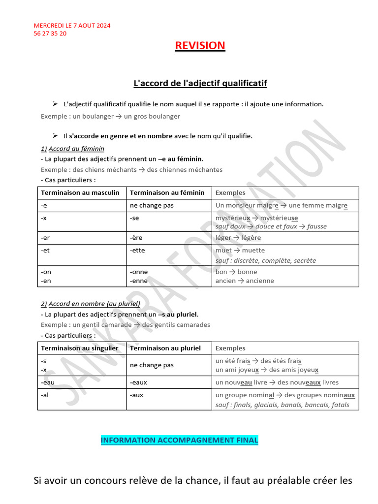 Accord de l'adjectif qualificatif | PDF | Genre grammatical | Nombre ...