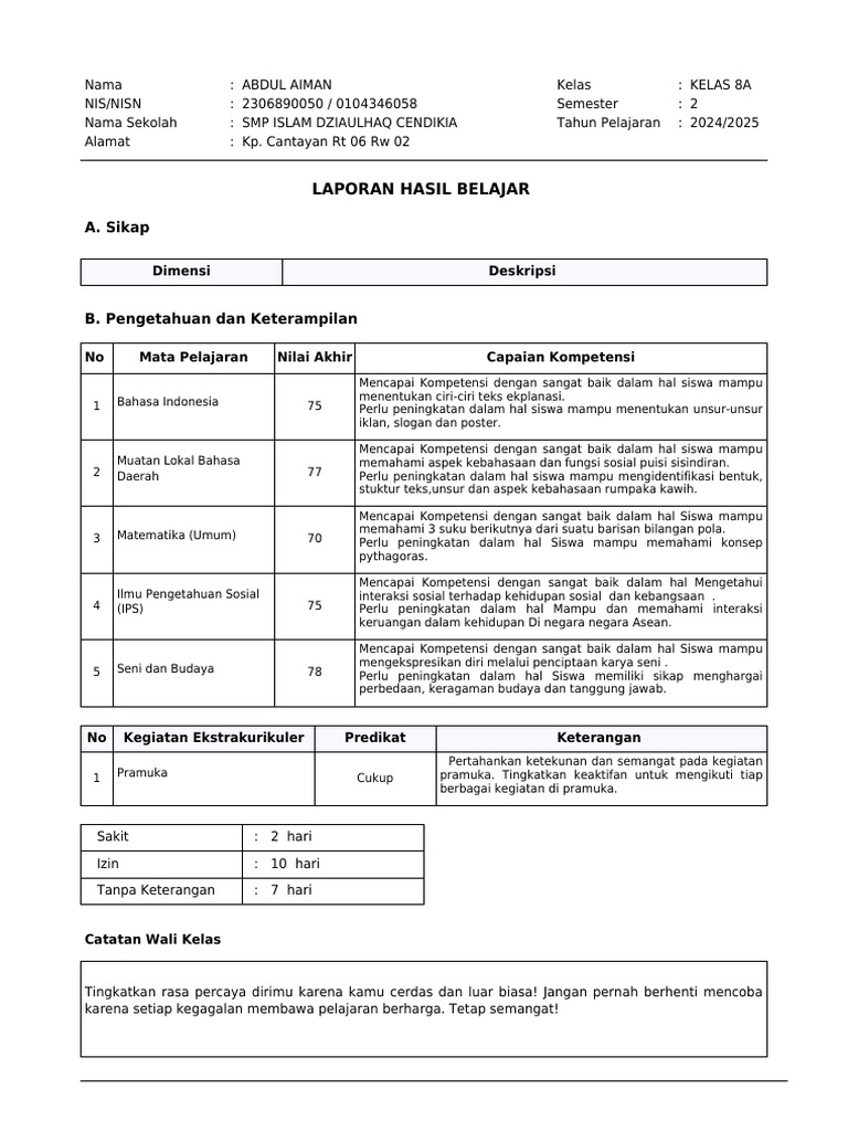 Rapor K13 KELAS8A | PDF