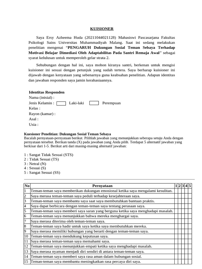 Format Pengisian Kuisioner Fix | PDF