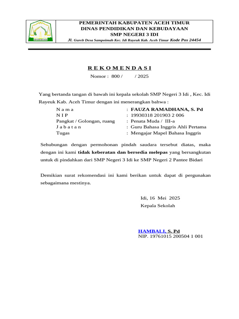 Surat Rekom Melepas | PDF