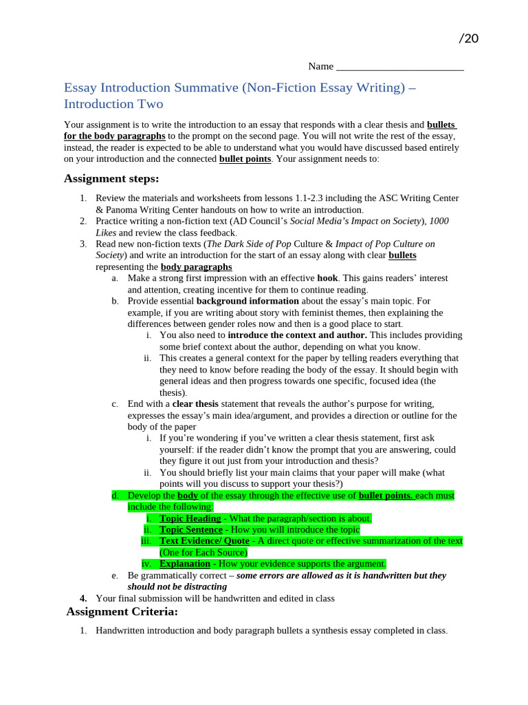 2.3a Essay Introduction Summative Instructions and Rubric 2 | PDF | Essays | Proofreading