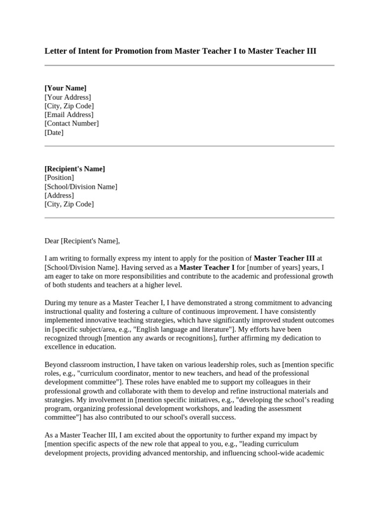 Letter of Intent for Master Teacher III | PDF | Mentorship | Teachers