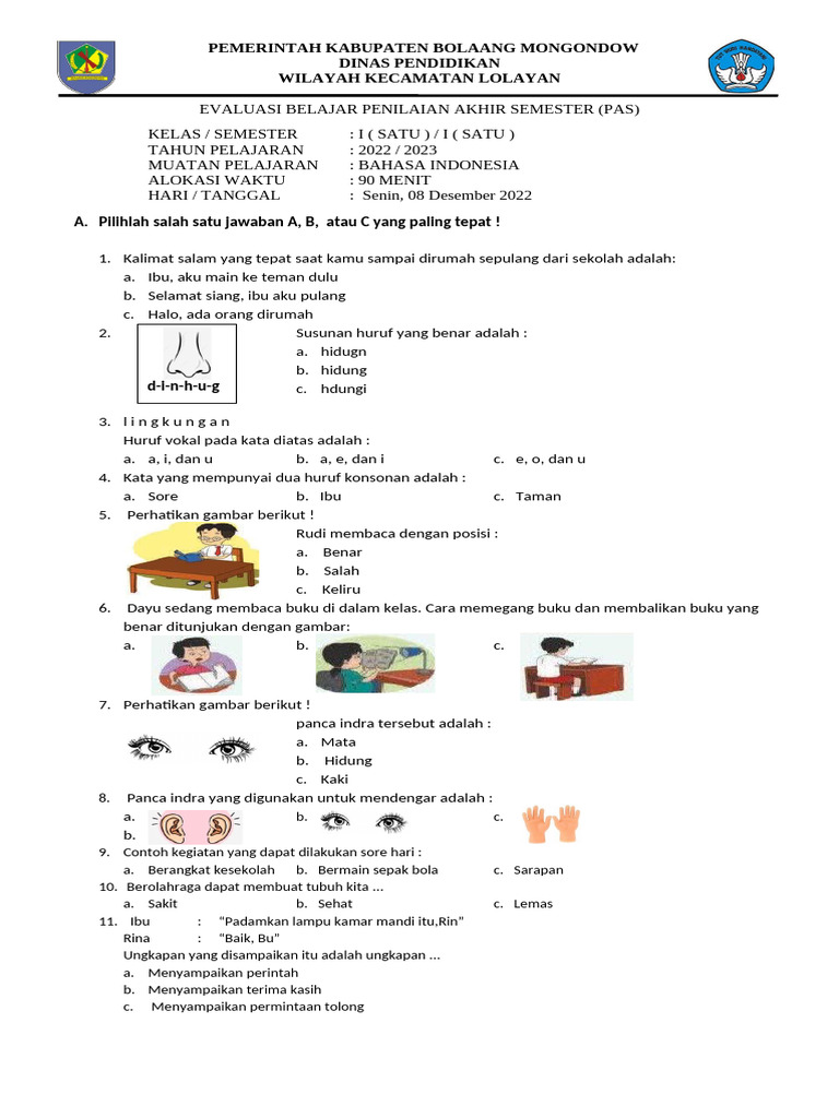 Soal Pas Bahasa Indonesia Kelas 1 Sem 1 2022-2023 | PDF