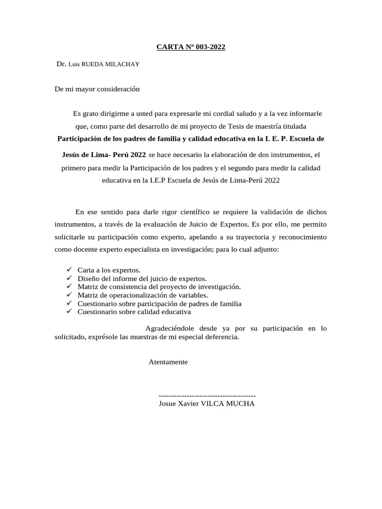 Carta #003 Experto Rueda. - Vilca Josue | PDF
